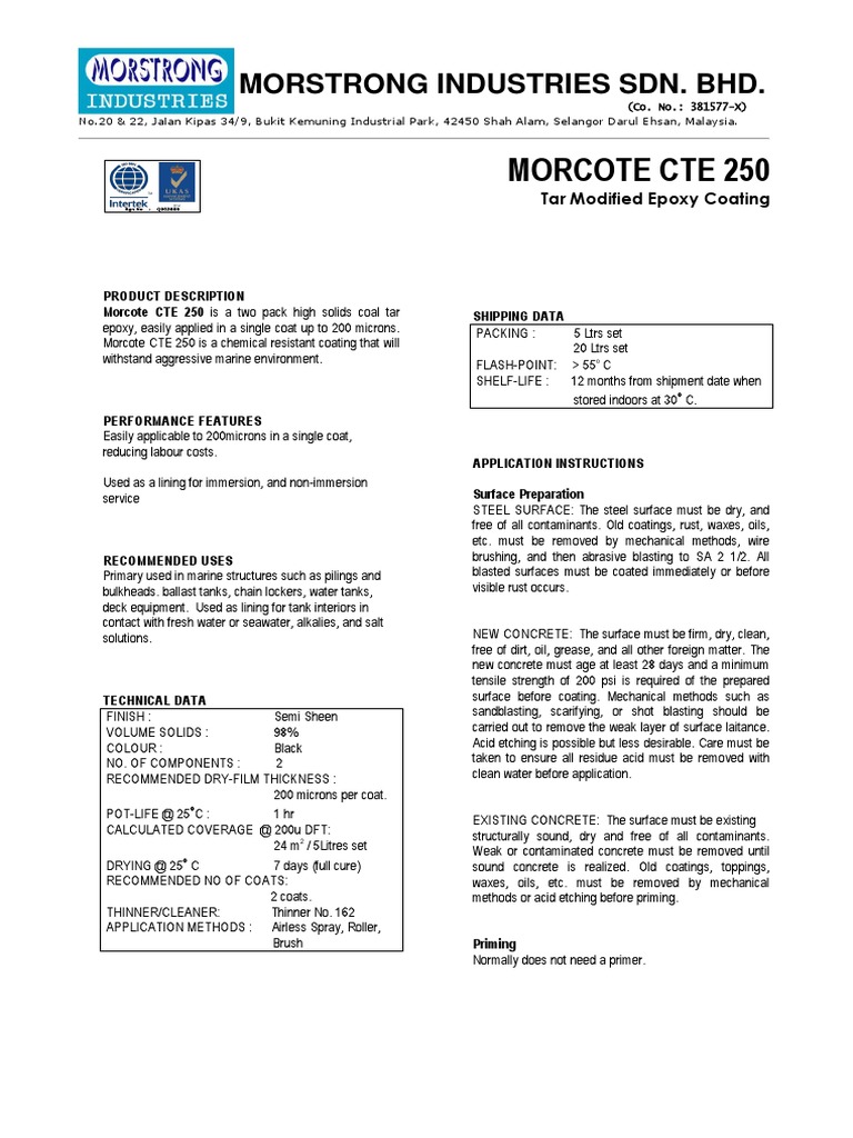 CTE250 Tar Modified Epoxy Coating | PDF | Concrete | Materials