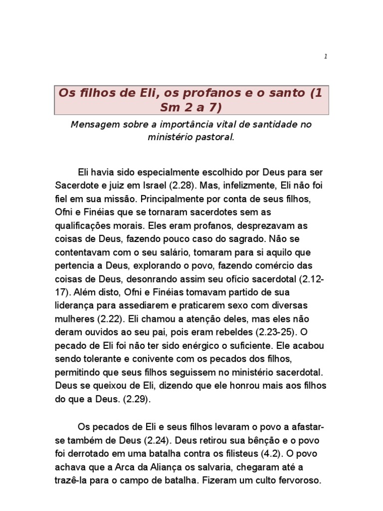 Os Filhos de Eli: Os Profanos e o Santo | PDF | Samuel | Arca da Aliança