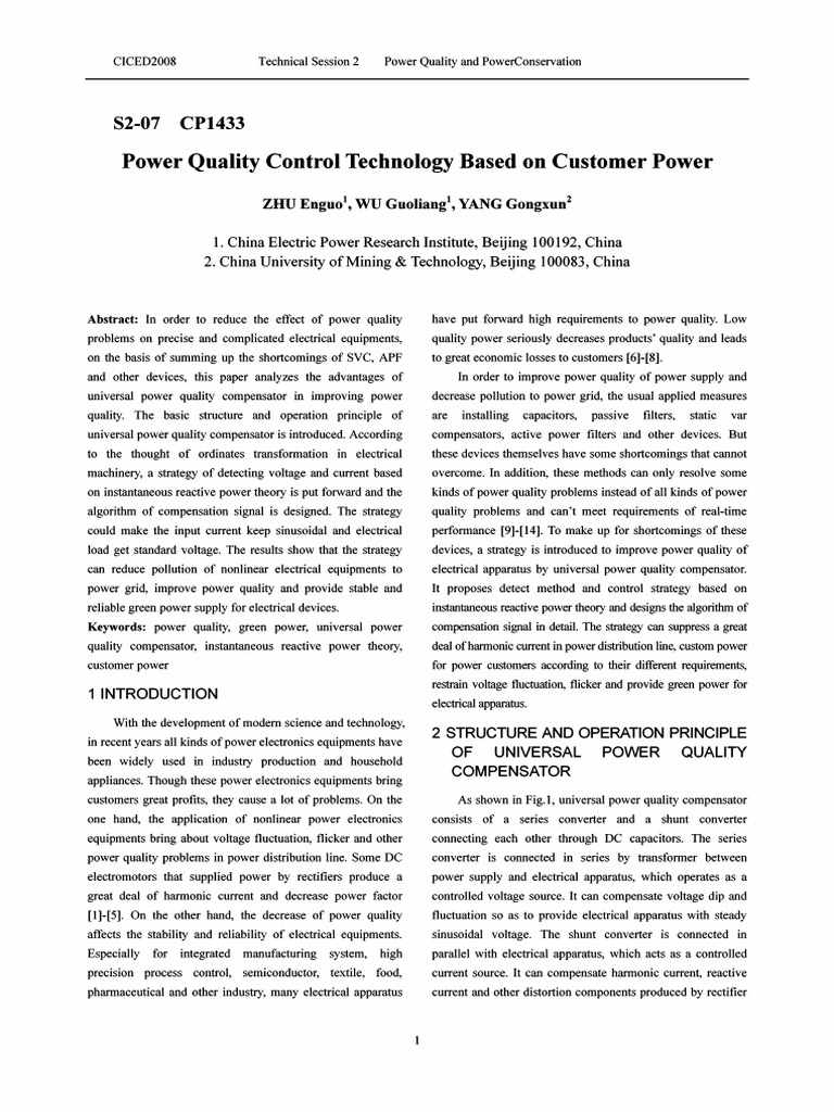 Power Quality Control Technology Based On Customer Power: ZHU Enguo ...