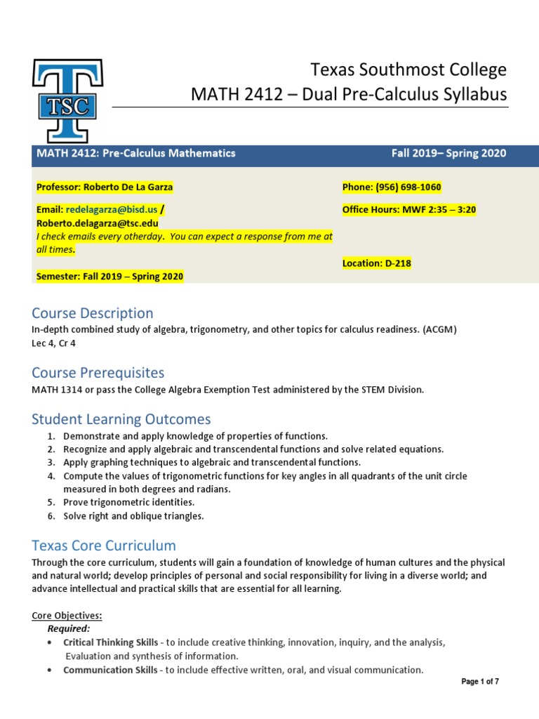 Math 2412 Precalculus TSC Dual Syllabus 19-20 | PDF | Trigonometric ...