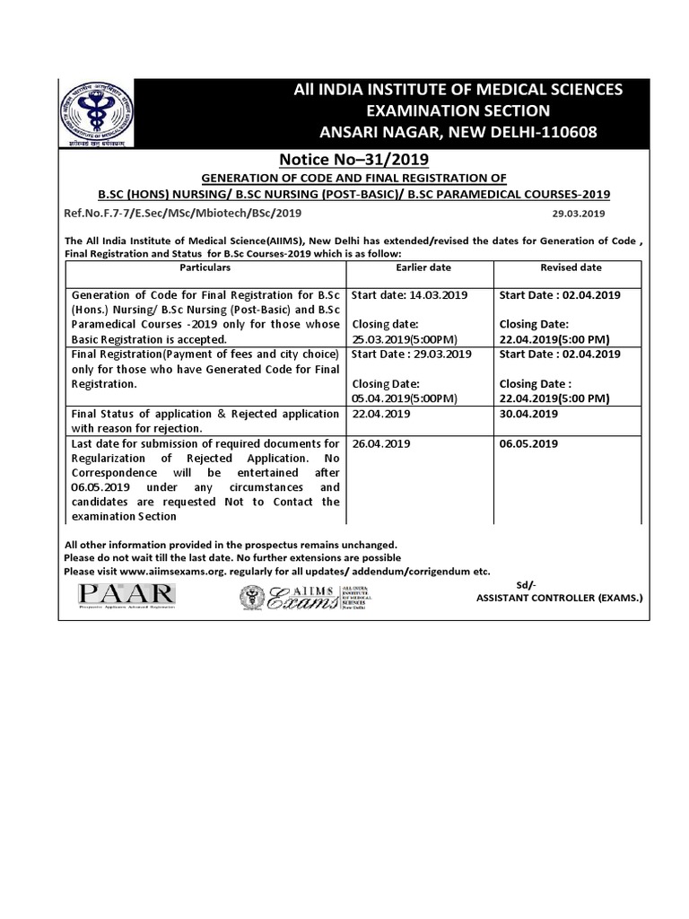 Notice No-31/2019: All India Institute of Medical Sciences Examination ...