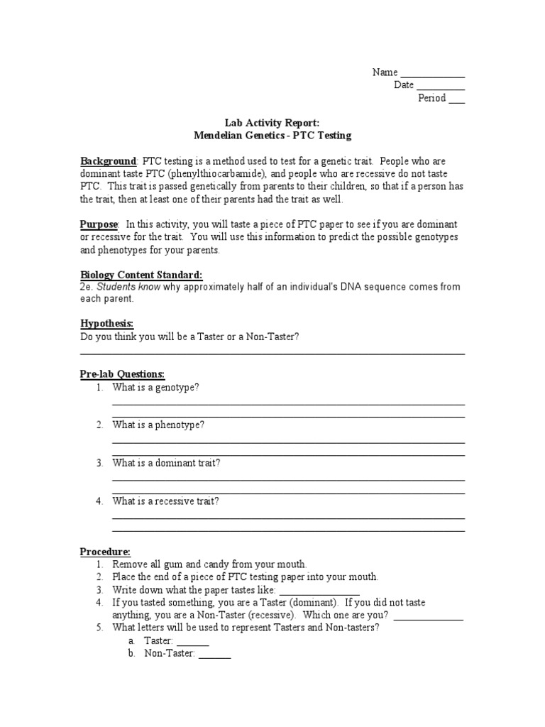 PTC Taster Genetics Lab | PDF | Dominance (Genetics) | Genotype