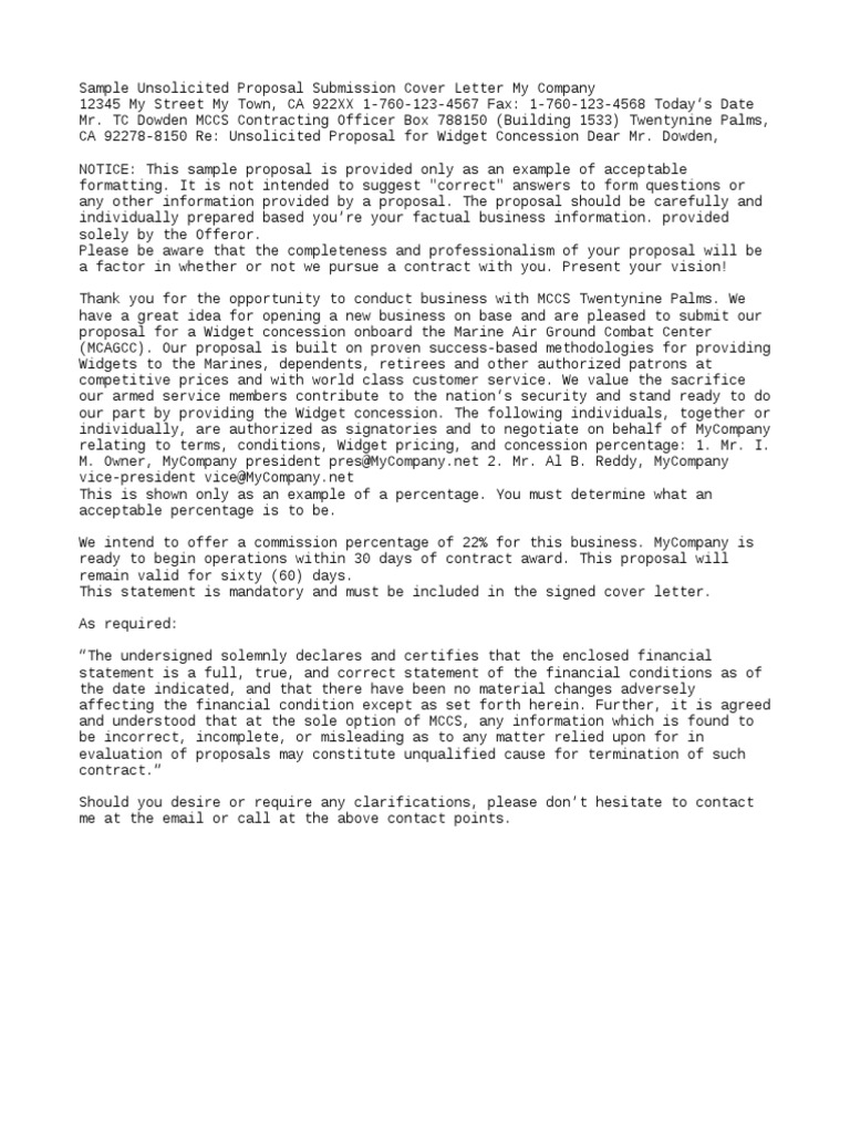 Sample Unsolicited Proposal Submission | PDF | Offer And Acceptance ...