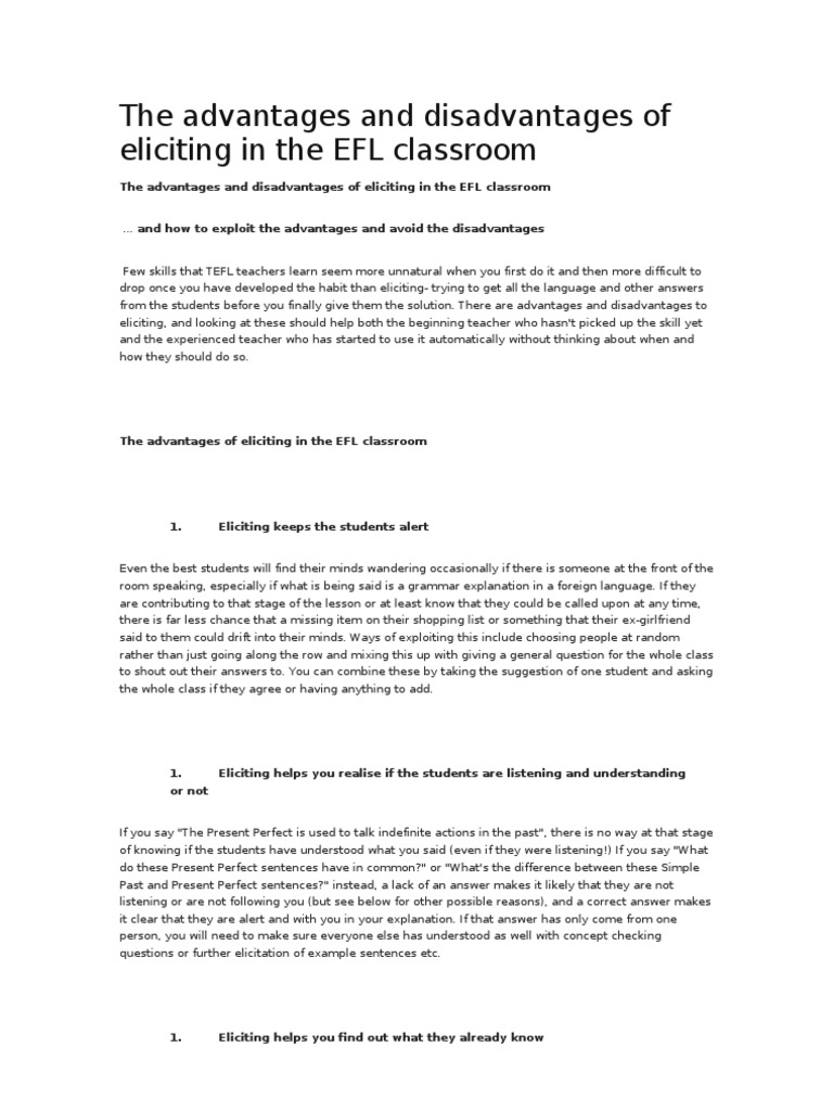 The Advantages and Disadvantages of Eliciting in The EFL Classroom ...