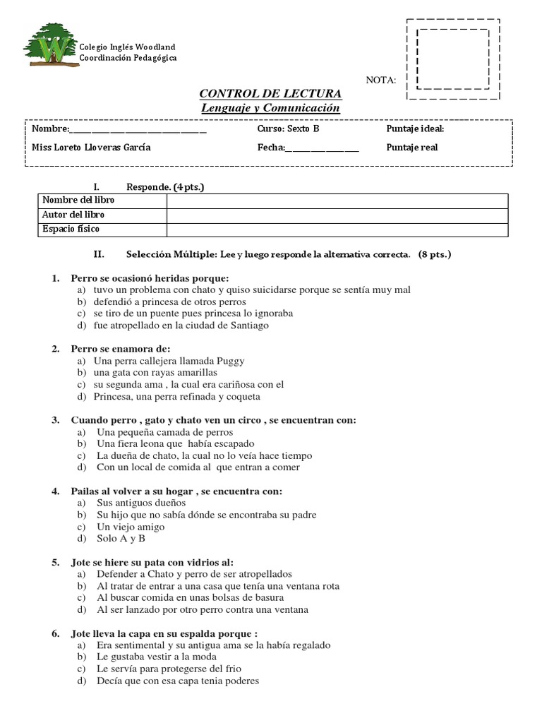 Evaluación Control de Lectura Perro y Gato | PDF | Perros