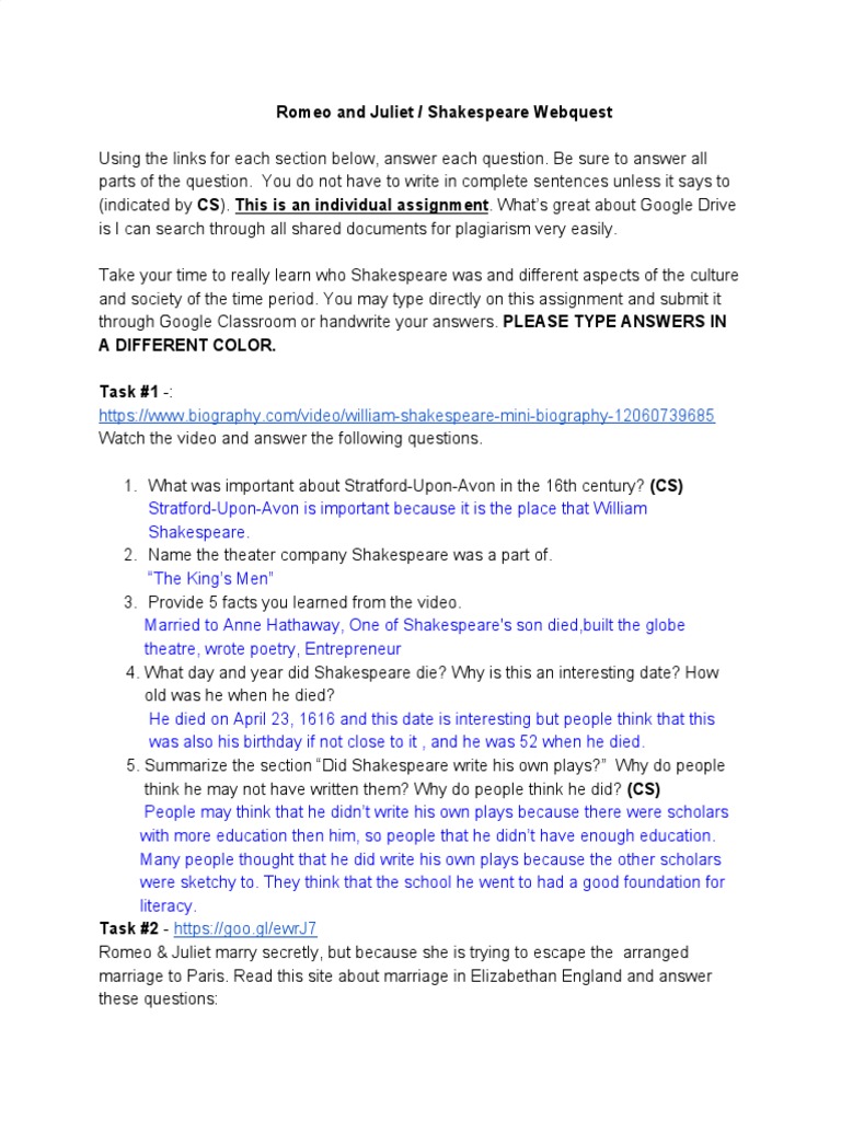 Emily Gott Student - Heritagehs - Shakespeare R J Webquest | PDF ...