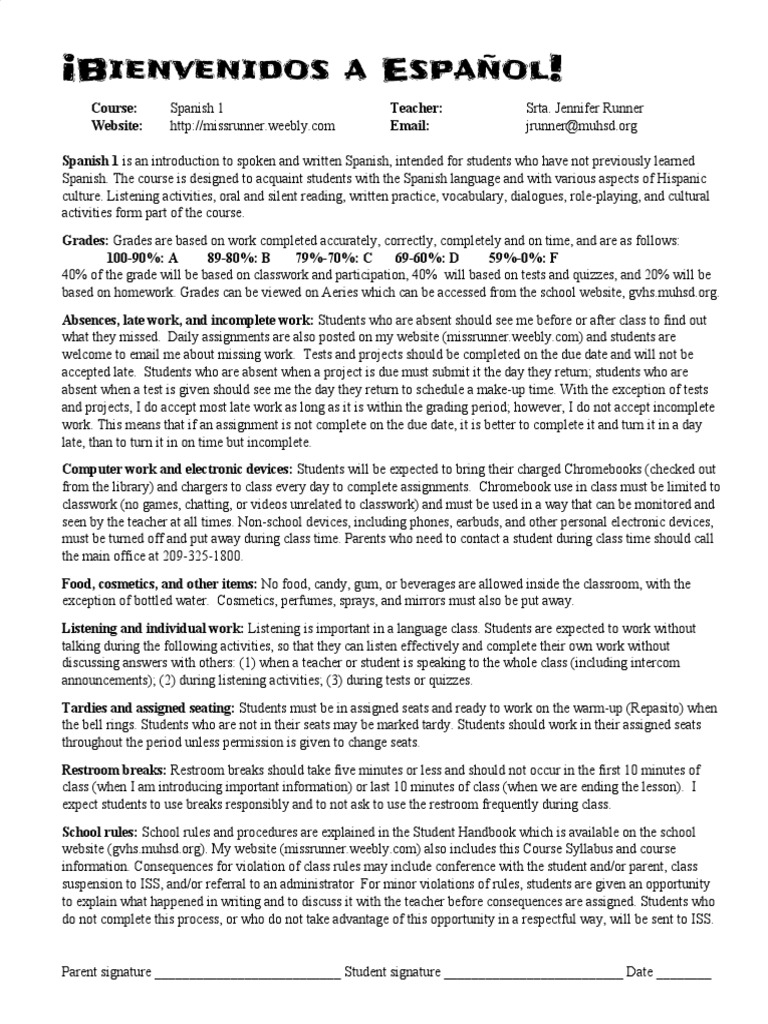 Spanish 1 Course Syllabus | PDF | Teaching | Learning