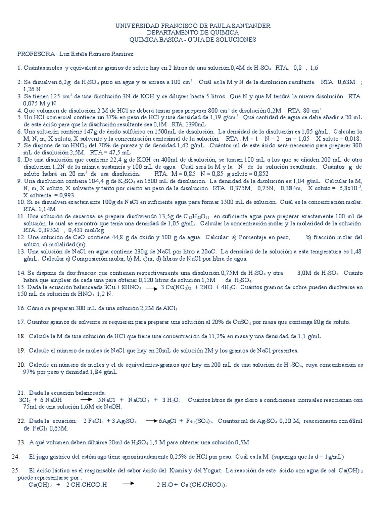 Guia Soluciones 2 | Descargar gratis PDF | Ácido clorhídrico | Concentración