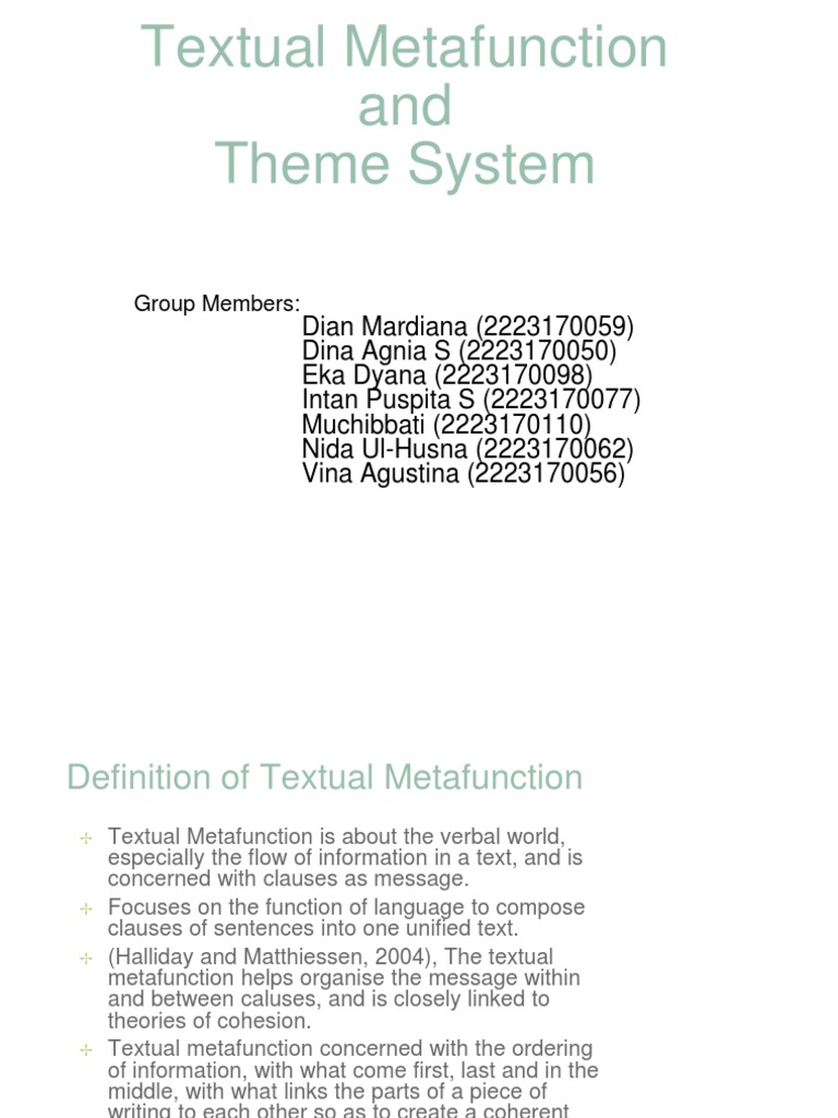 FG Group Presentation Textual Metafunction and Theme System | PDF ...