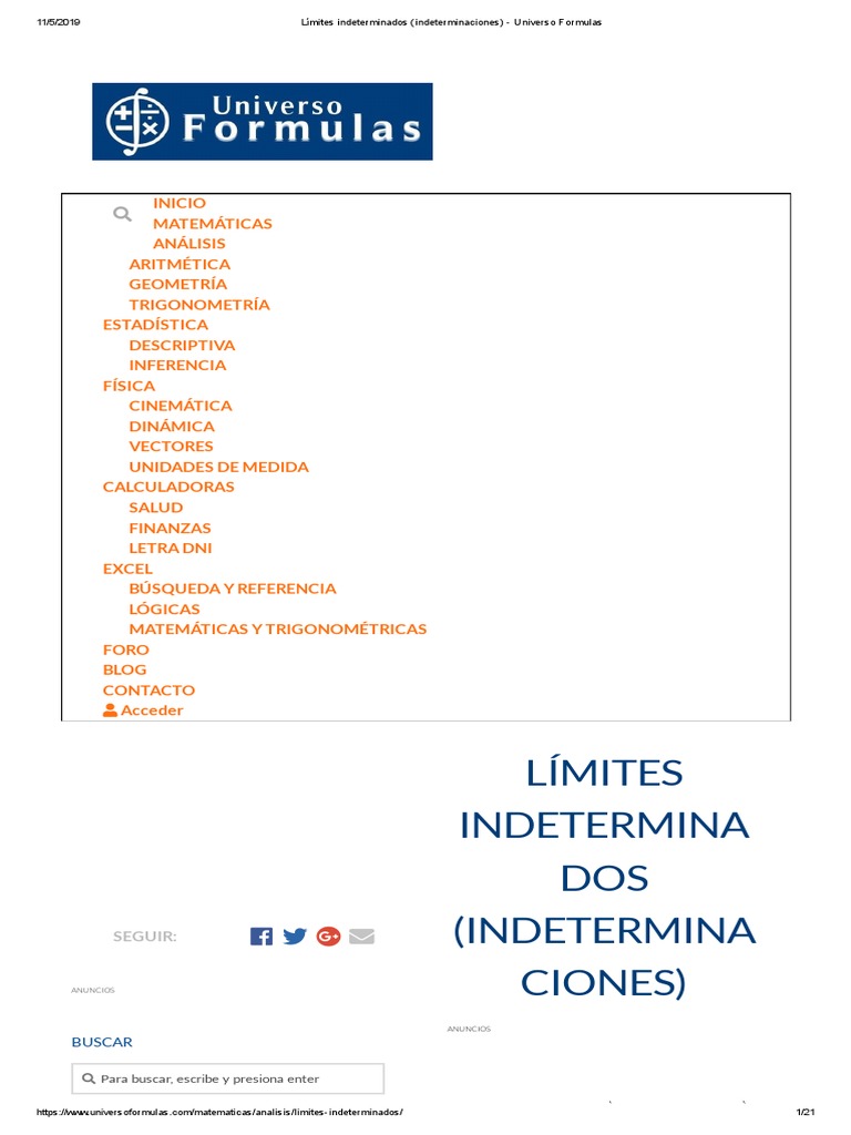 Límites Indeterminados (Indeterminaciones) - Universo Formulas | PDF ...