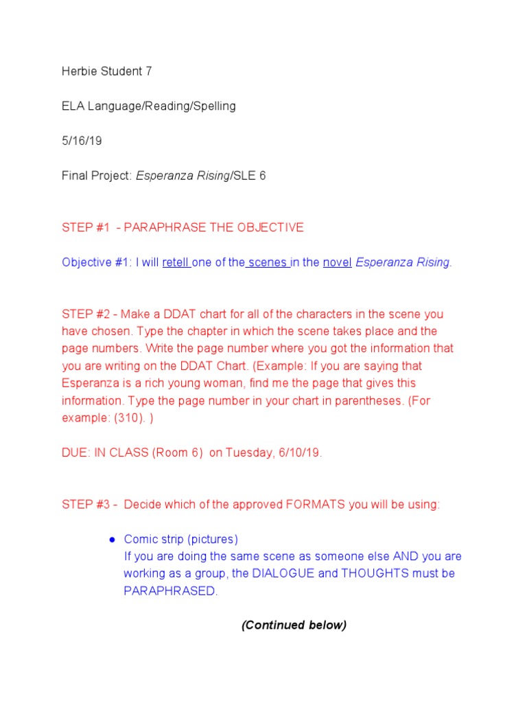 Esperanza Rising Project Guide | PDF | Entertainment | Writing