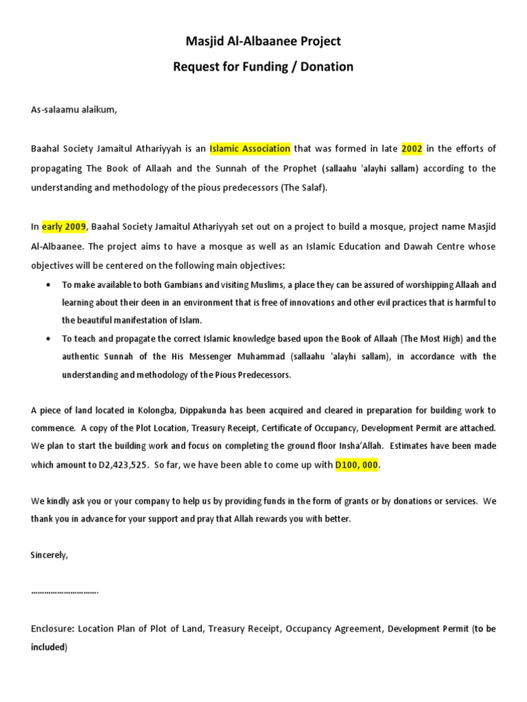 Request For Donation Letter | PDF | Mosque | Muhammad