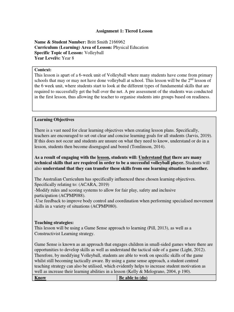 Assignment 1 - Tiered Lesson | PDF | Volleyball | Teachers
