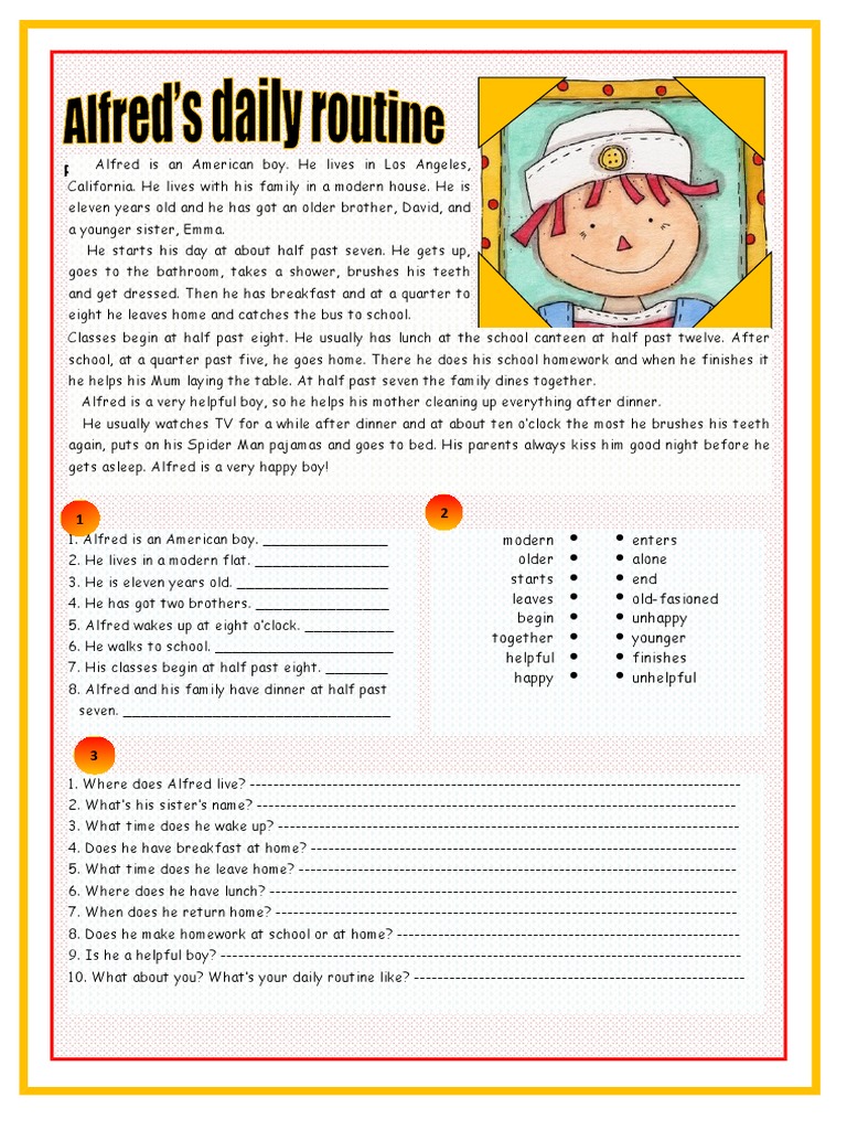 Alfreds Daily Routine Reading Comprehension Exercises 8093 | PDF