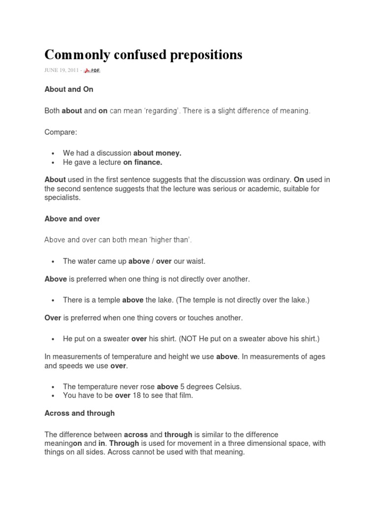 Commonly Confused Prepositions. Xhel | PDF | Noun | Adjective