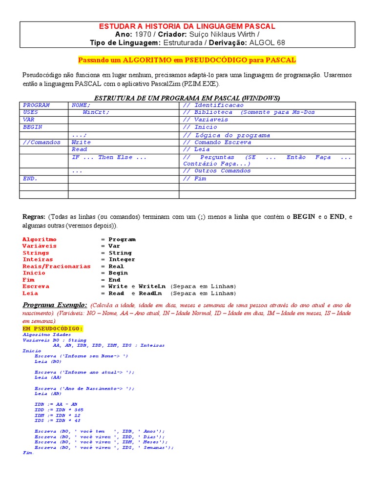 De Pseudocodigo para PASCAL | PDF | Desenvolvimento de software | Áreas ...