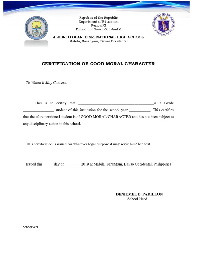 Certification of Good Moral Character | PDF | Philippines | Government
