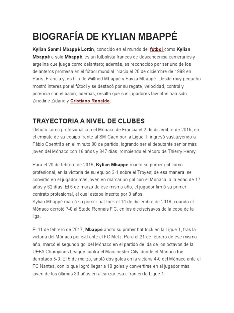 Biografía de Kylian Mbappé | PDF | Asociación de Futbol | Asociación de ...