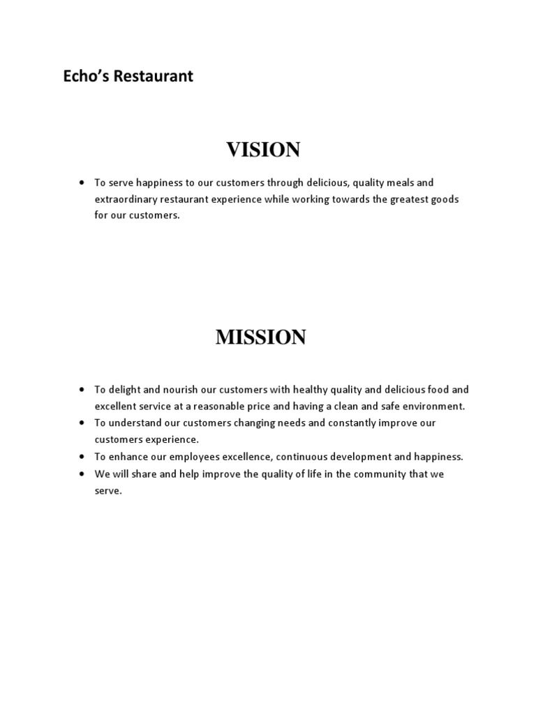 Echo's Restaurant Vision & Mission | PDF