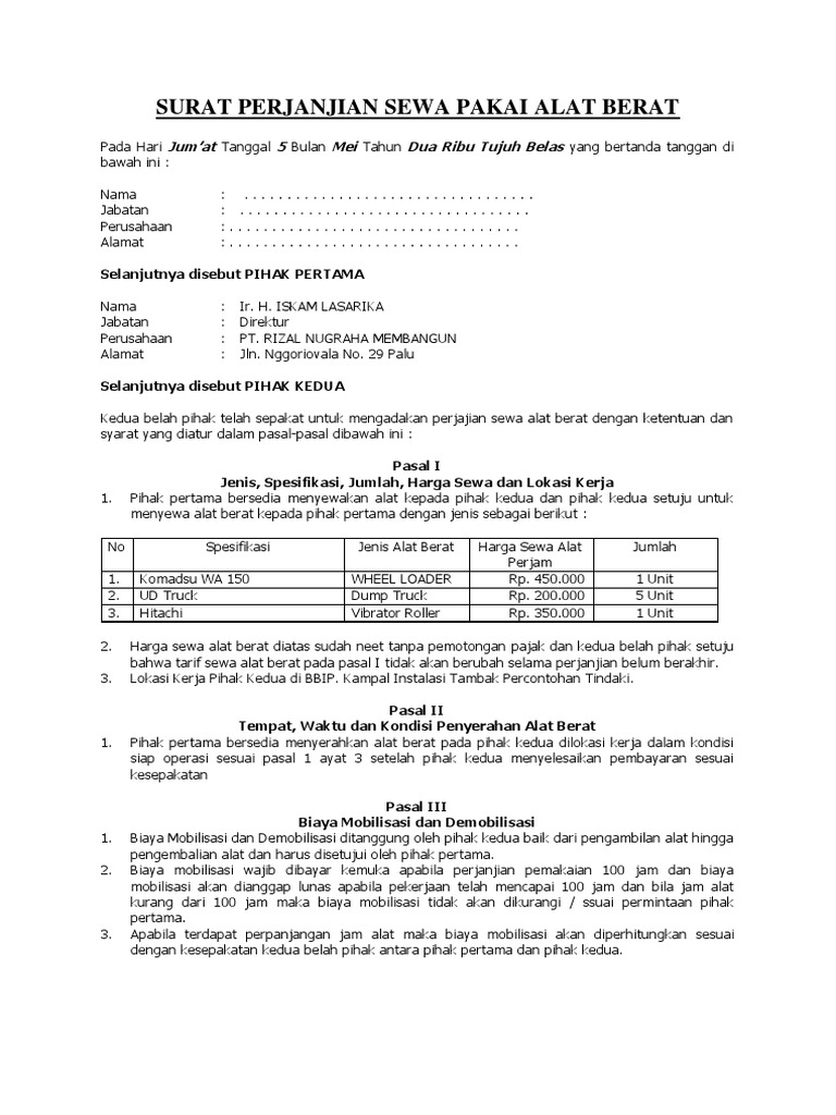 Surat Perjanjian Sewa Pakai Alat Berat | PDF