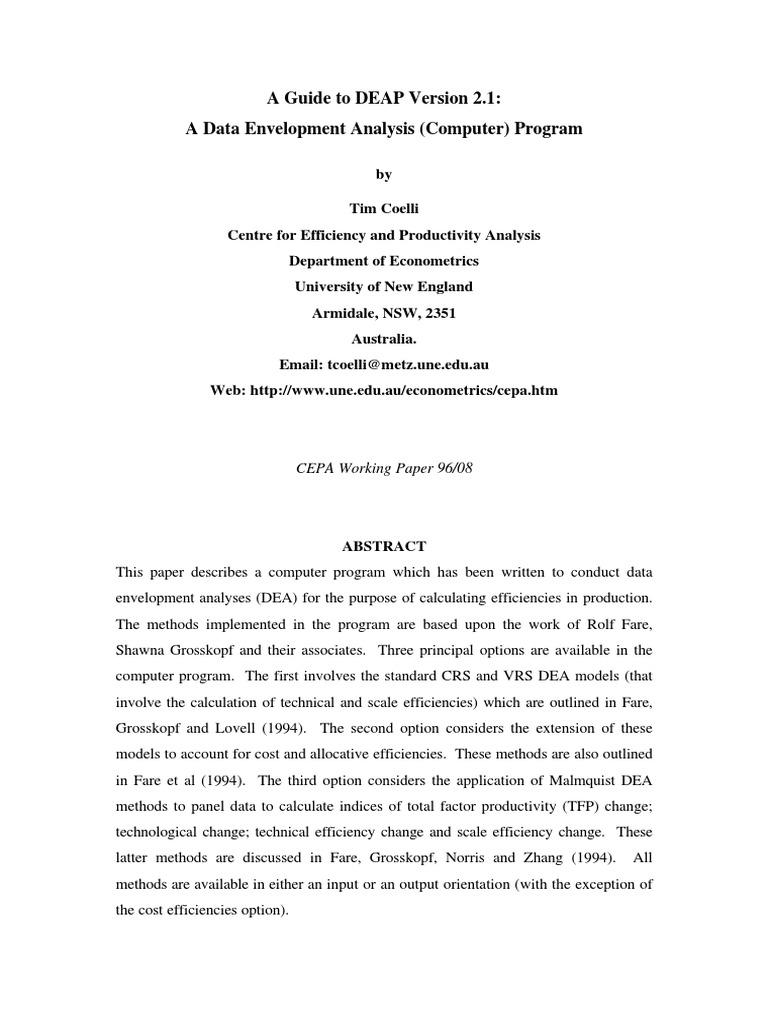 A Guide To DEAP Version 2.1: A Data Envelopment Analysis (Computer) Program | PDF | Teaching ...