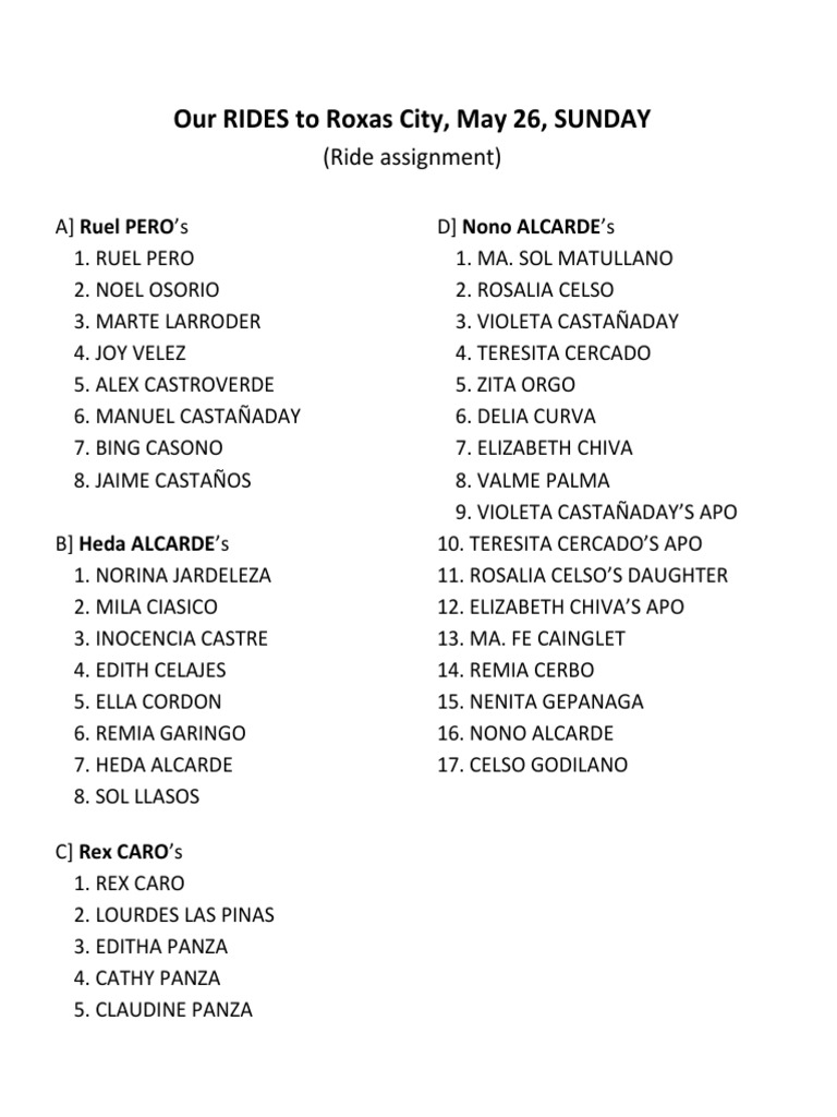 Our RIDES To Roxas City, May 26, SUNDAY: (Ride Assignment) | PDF