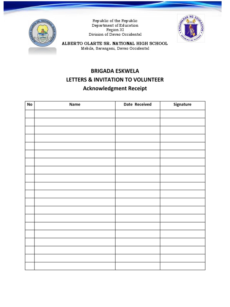 Brigada Eskwela Letters & Invitation To Volunteer Acknowledgment ...