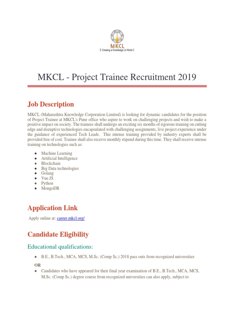 MKCL Project Trainee Recruitment 2019 | PDF | Test (Assessment ...
