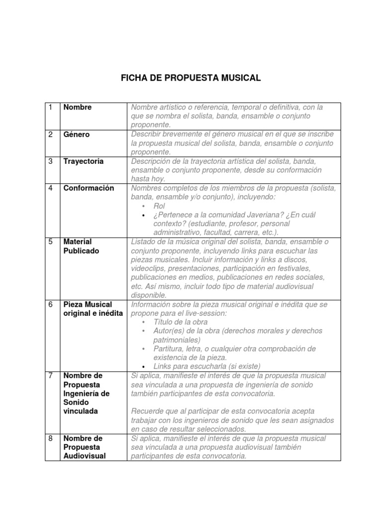Presentando una Propuesta Musical: Un Formulario Completo | PDF ...