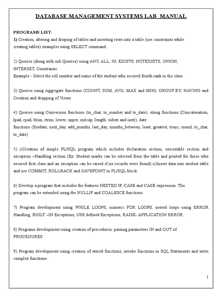 Dbms Lab Manual | PDF | Oracle Database | Relational Database