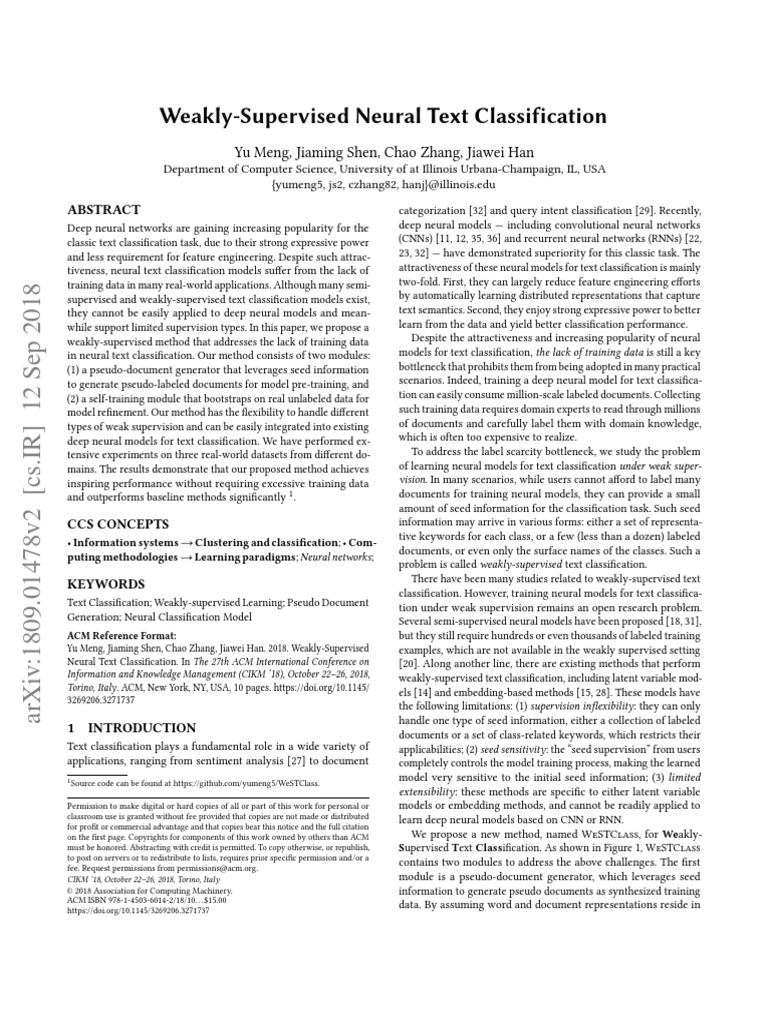 Weakly-Supervised Neural Text Classification: Yu Meng, Jiaming Shen, Chao Zhang, Jiawei Han ...