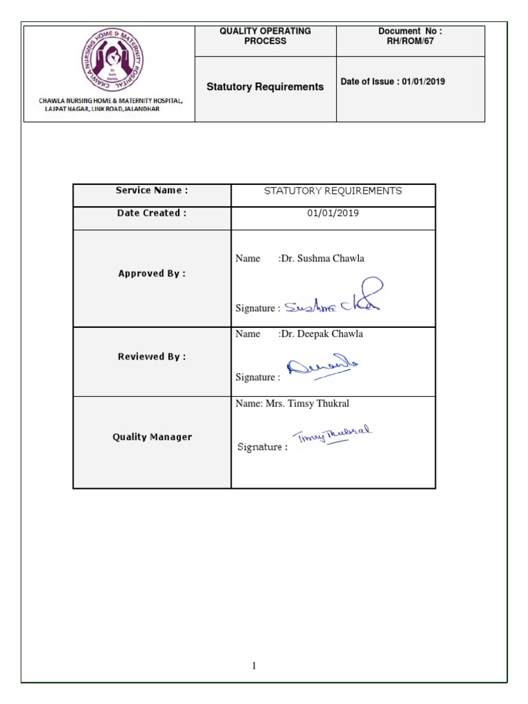 Statutory Requirements: Name:Dr. Sushma Chawla | PDF | License ...