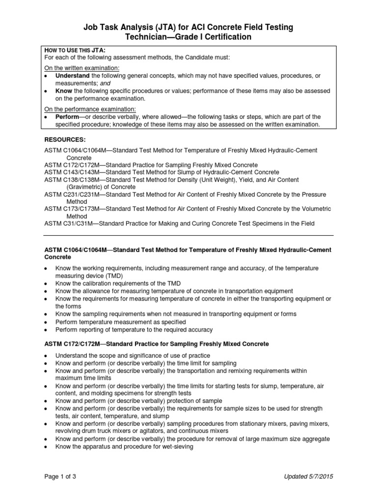 Job Task Analysis (JTA) For ACI Concrete Field Testing Technician ...