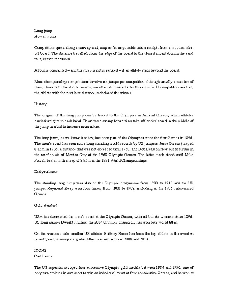 About Long Jump | PDF | Track And Field | Summer Olympic Games