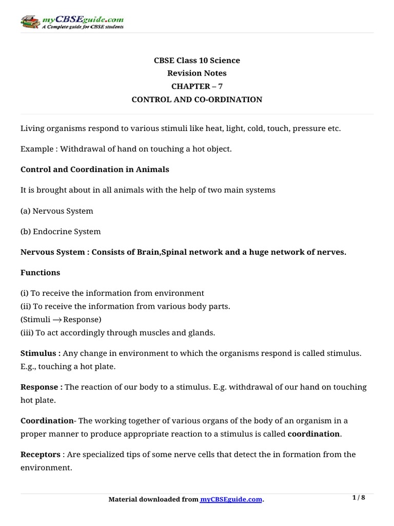 10 Science Notes 07 Control and Coordination 1 | PDF | Neuron ...
