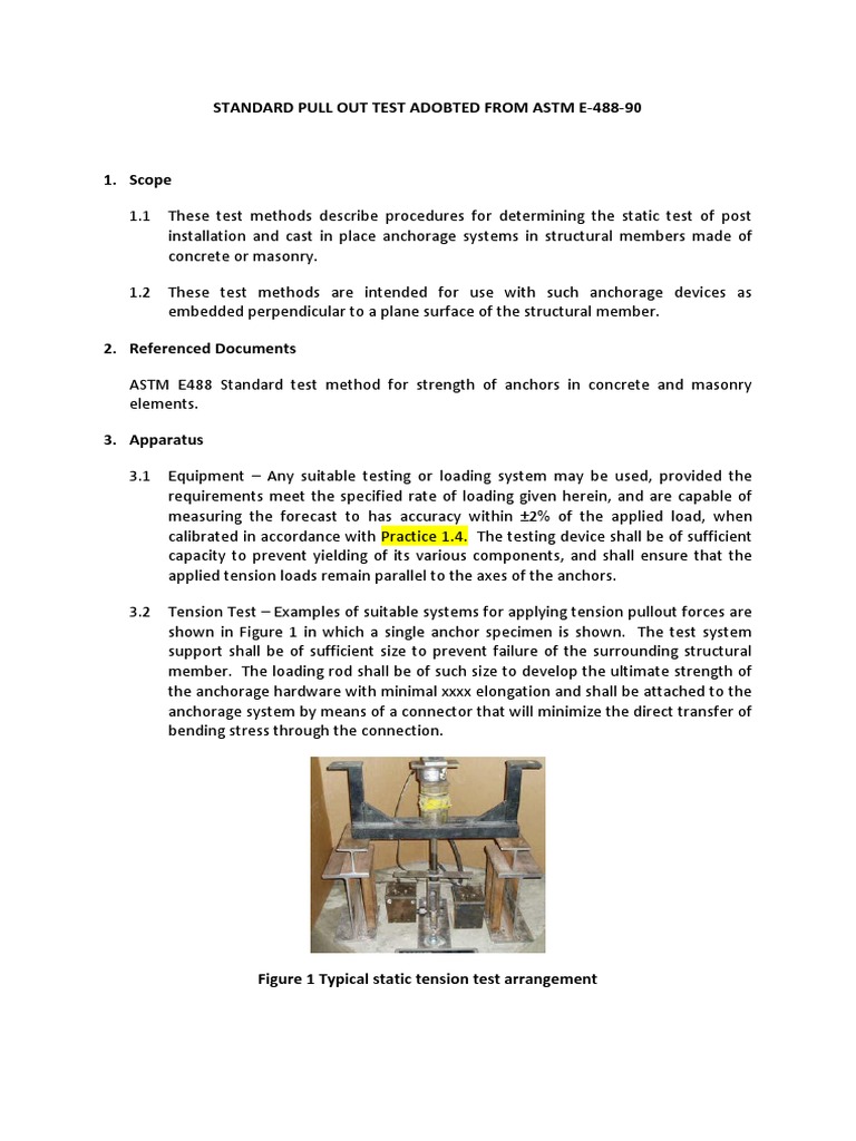 Standard Pull Out Test per ASTM E-488 | PDF | Anchor | Ultimate Tensile ...