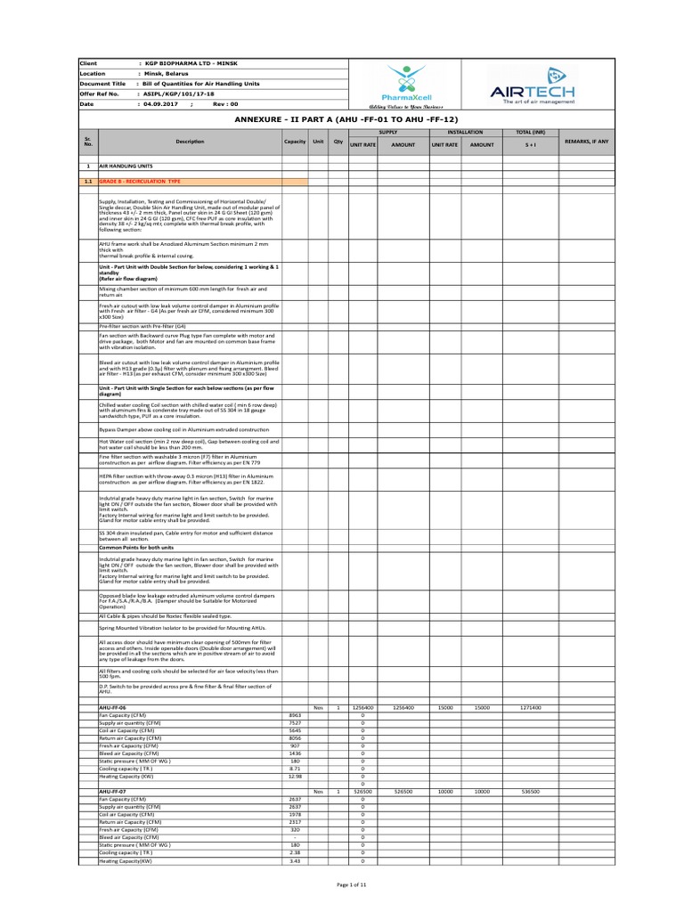 Annexure II - Boq For Ahu | PDF | Hvac | Building Engineering