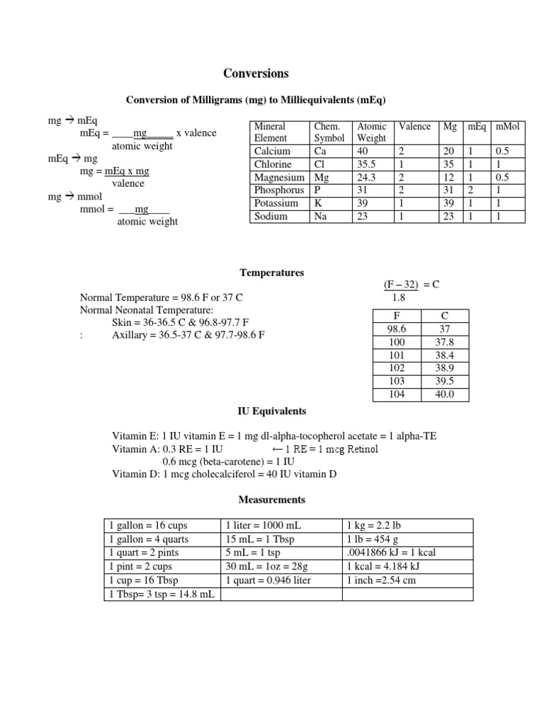 Nutrient and Measurement Conversion Factors | PDF | Potassium | Diet ...
