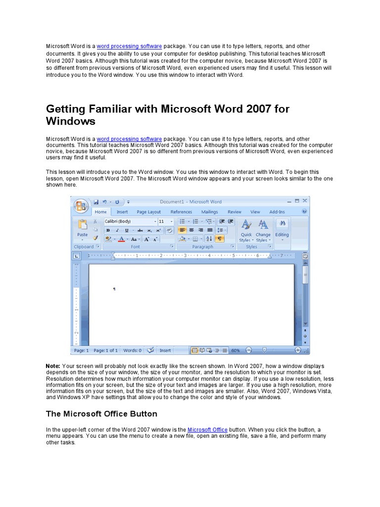 Getting Familiar with the Microsoft Word 2007 Interface: An Introduction to the Word Window ...