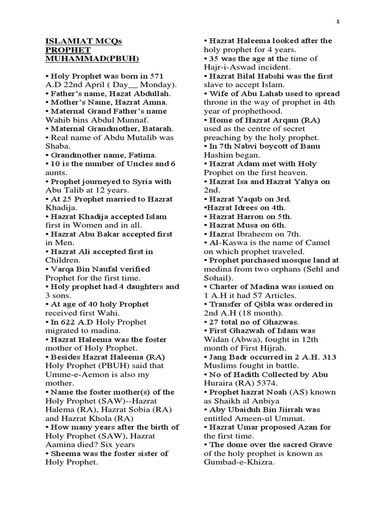 110 Pages Briefly Notes For Prepration of Examinations About Islam ...