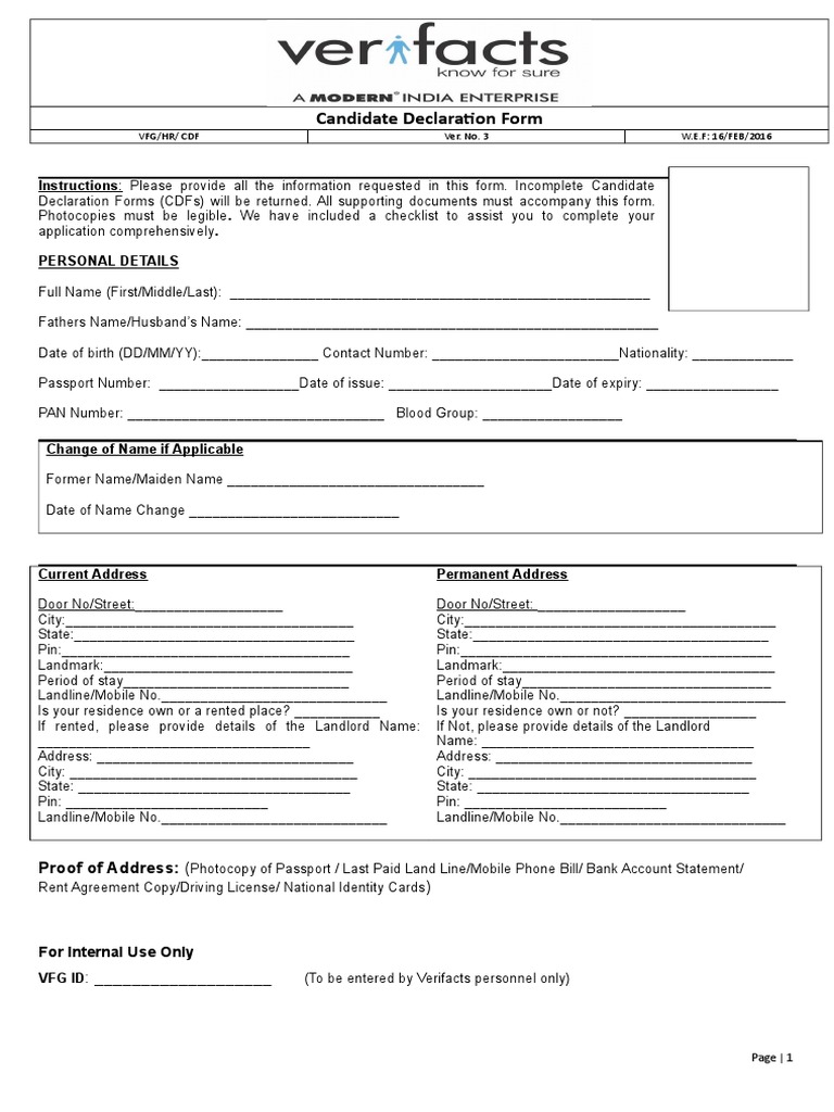 Candidate Declaration Form | Identity Document | Government Information
