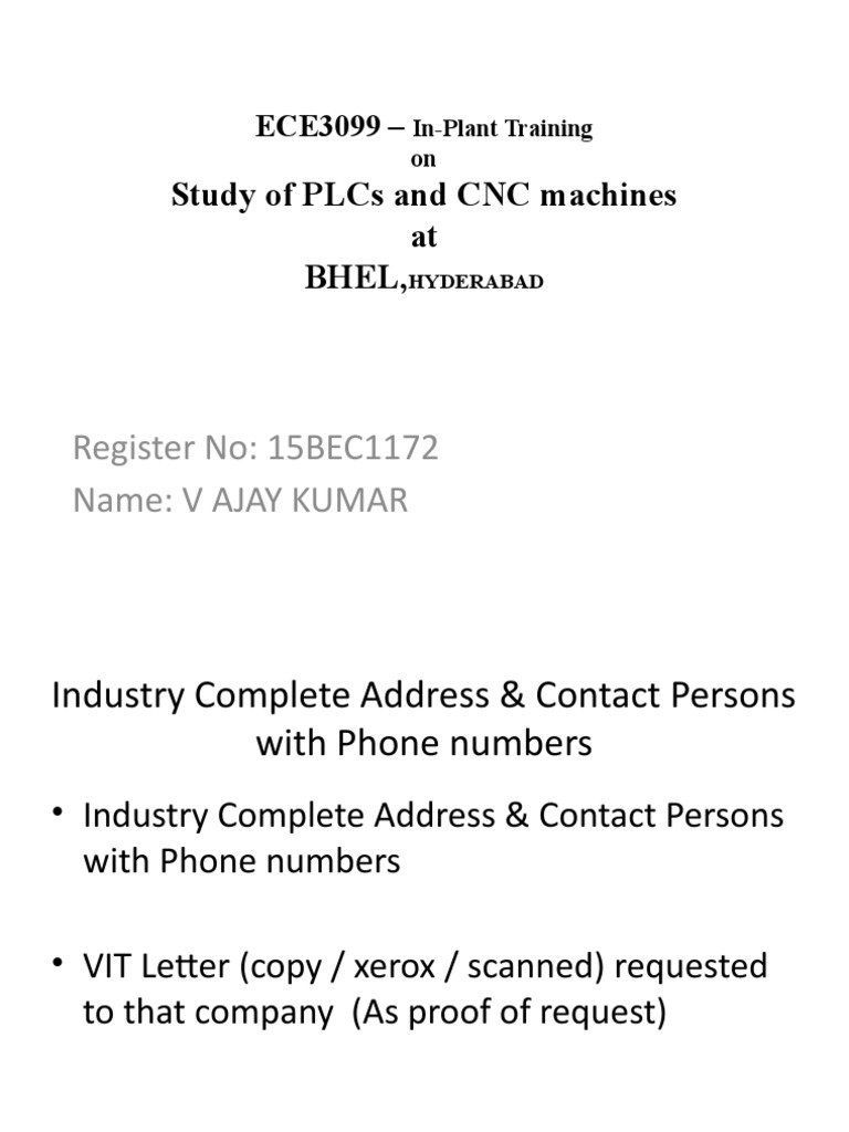 Study of Plcs and CNC Machines at Bhel,: Register No: 15bec1172 Name: V Ajay Kumar | PDF ...