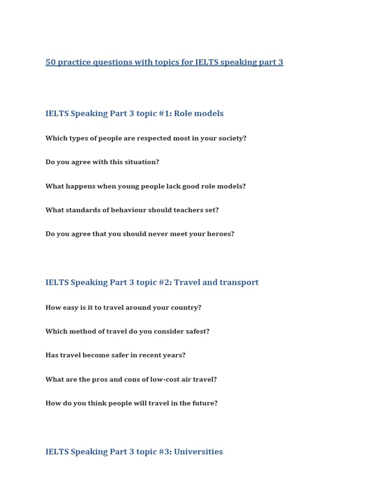 50 Practice Questions With Topics For IELTS Speaking Part 3 | PDF ...