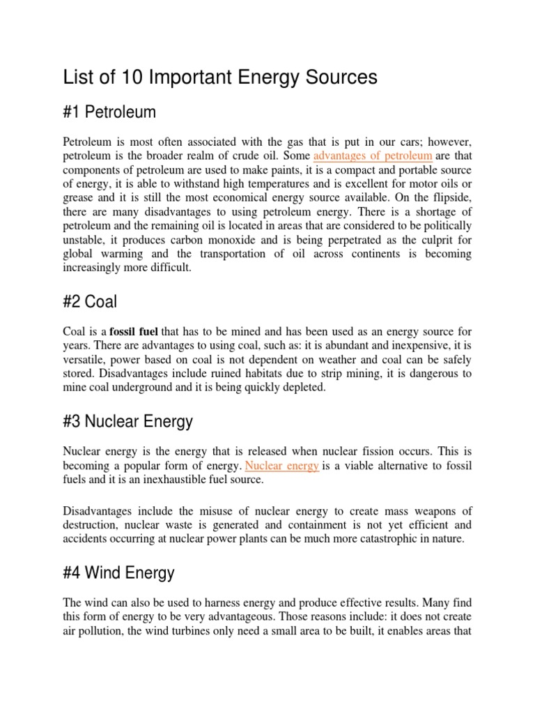 Top 10 Energy Sources and Their Importance | PDF | Energy Development ...