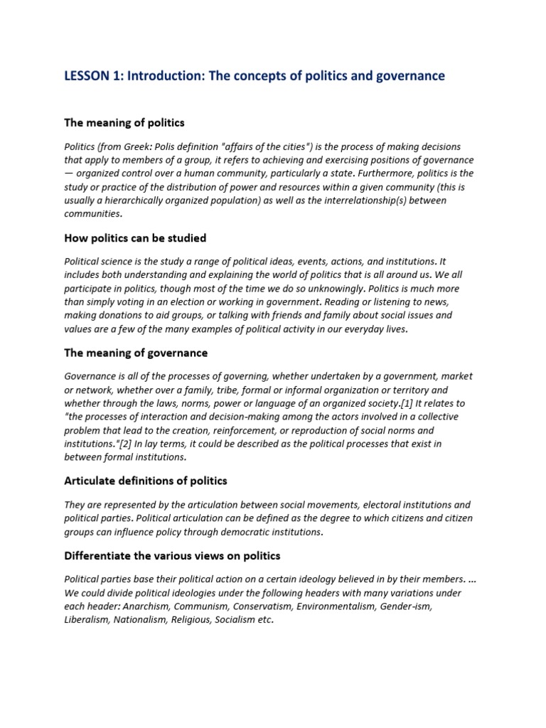 LESSON 1: Introduction: The Concepts of Politics and Governance | PDF ...