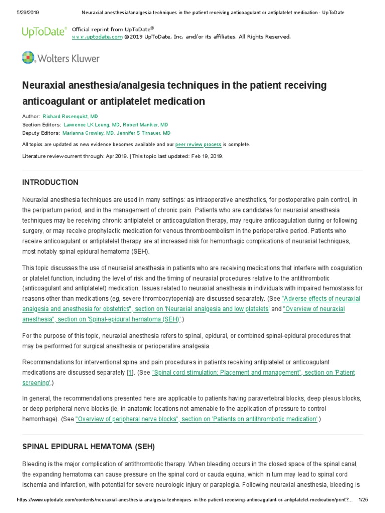 Neuraxial Anesthesia - Analgesia Techniques in The Patient Receiving ...
