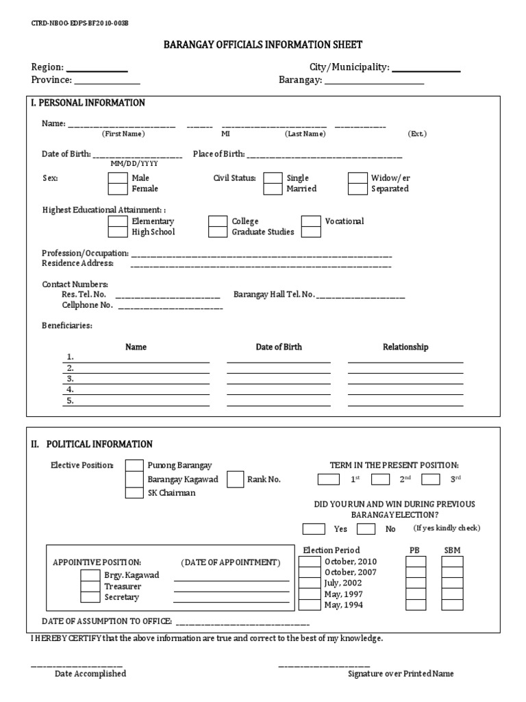 Barangay Officials Information Sheet Form - Free Word Template