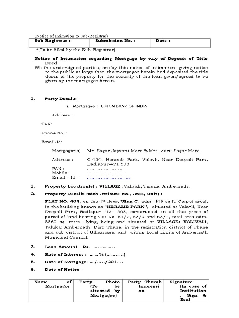 Intimation Format of Sagar More and Rakesh Shedge | PDF | Mortgage Law ...