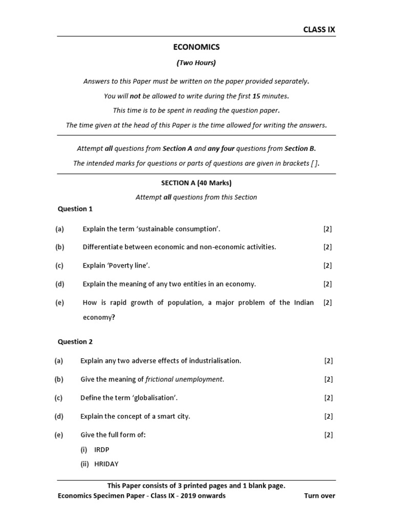 Class Ix Economics: SECTION A (40 Marks) | Download Free PDF ...