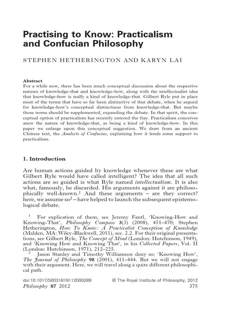 Practising To Know Practicalism and Confucian Philosophy | PDF ...